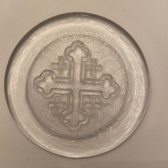 Accents | Vintage Round Glass Pressed Cross Paperweight With Stand ...